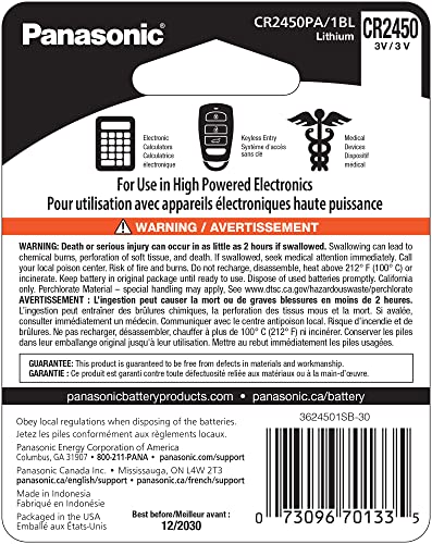 Panasonic CR2450 3.0 Volt Long Lasting Lithium Coin Cell Batteries in Child Resistant, Standards Based Packaging, 1-Battery Pack