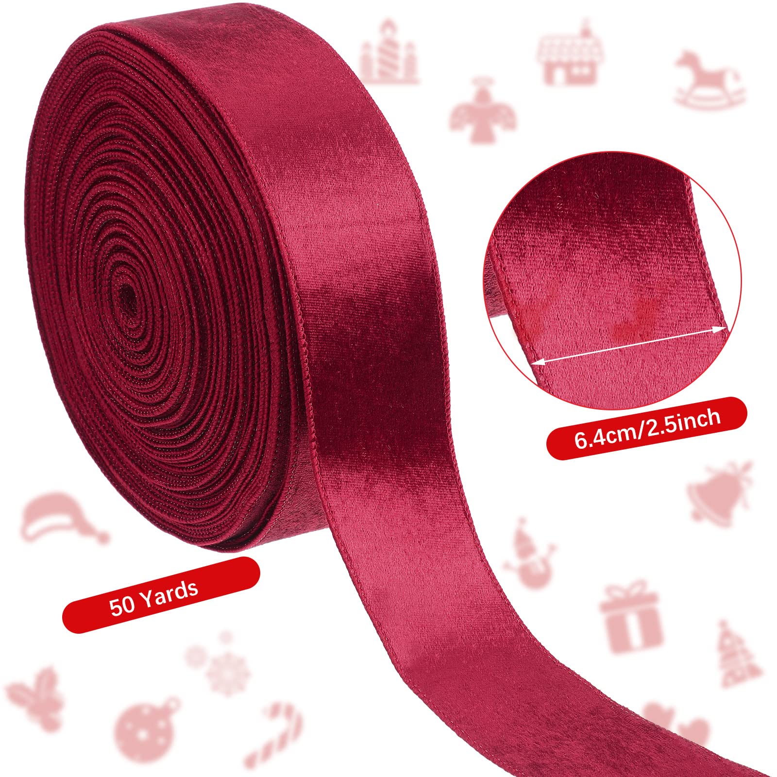 50 Yards 2.5 Inch Christmas Red Velvet Wired Ribbon Fabric Decorative Ribbon Gift Wrapping Ribbon for DIY Craft Christmas Holiday Bows Wreath Wedding Indoor Outdoor (Wine Red)