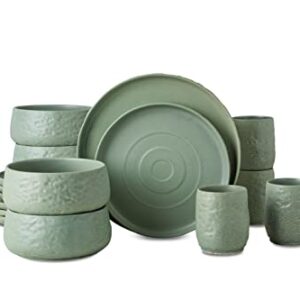 Stone by Mercer Project SHOSAI 16-Piece Stoneware Dinnerware Set, Plates and Bowls Set, Modern Dishware set fo 4, Sage