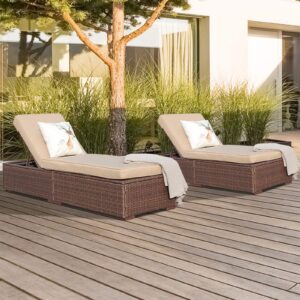 joivi outdoor patio chaise lounge chairs set of 2, pe wicker patio pool lounge chairs furniture set of 2, pool lounger brown rattan adjustable backrest with removable beige furniture cushion