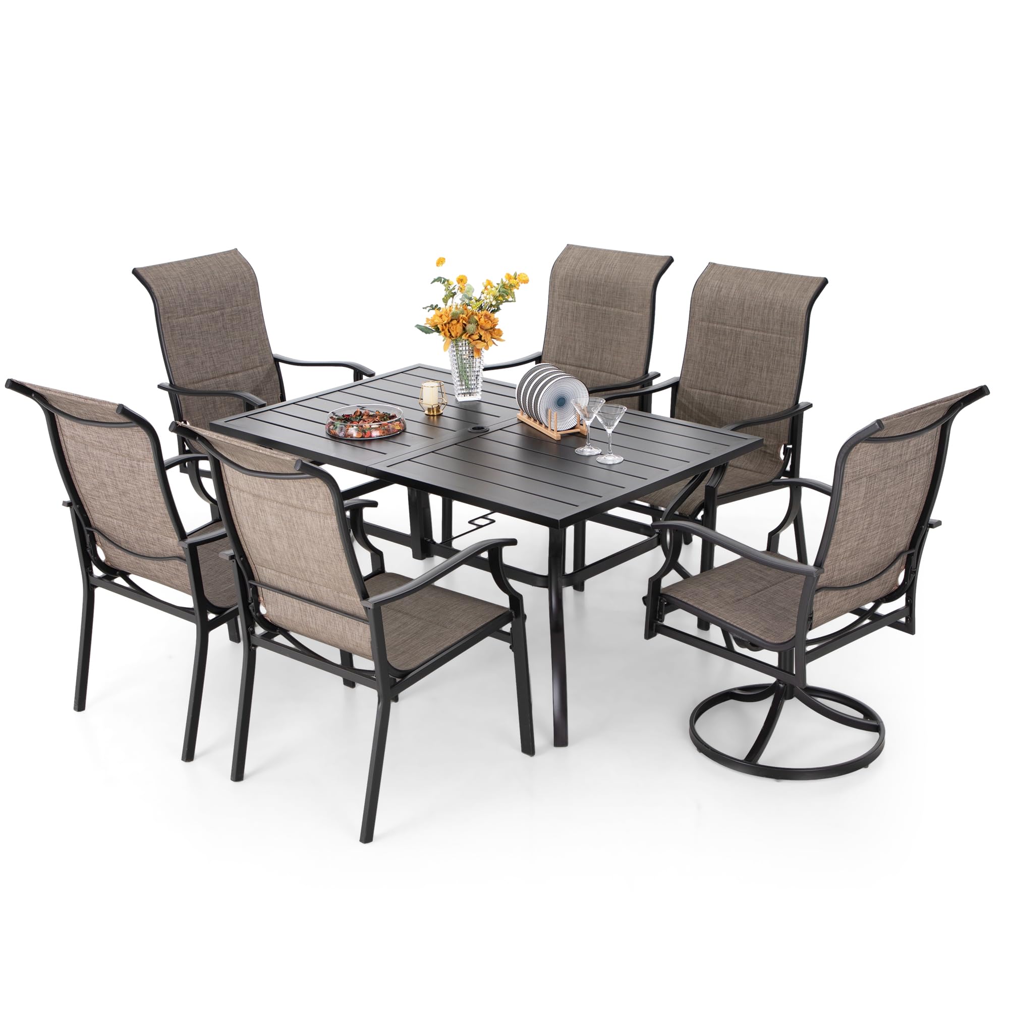 PHI VILLA Patio Dining Set for 6 Clearance, Outdoor Dining Table with Umbrella Hole and 6 Patio Dining Chairs Waterproof & Rustproof Suitable for All Weather