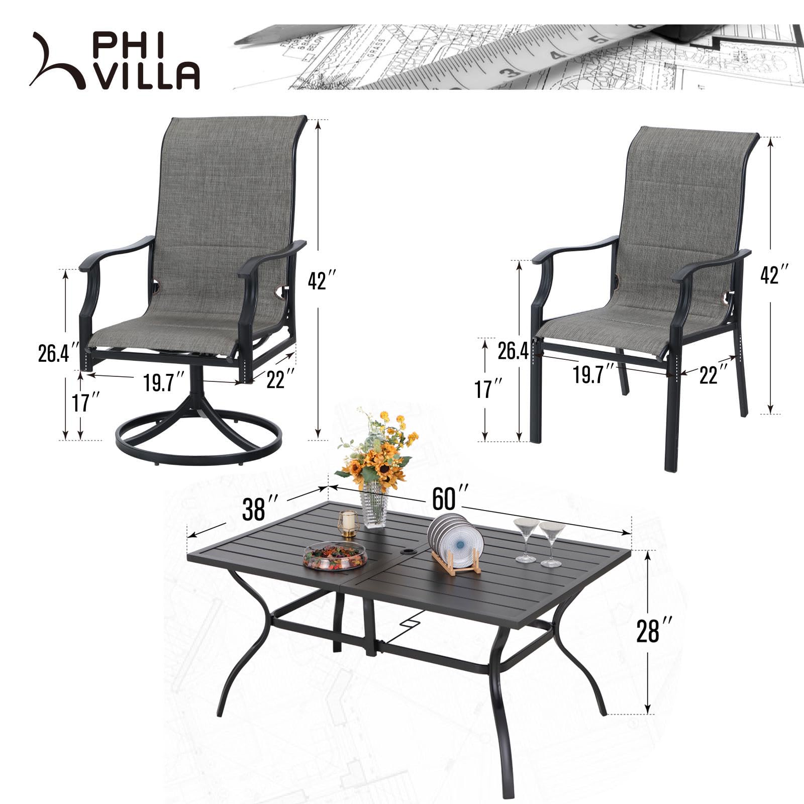 PHI VILLA Patio Dining Set for 6 Clearance, Outdoor Dining Table with Umbrella Hole and 6 Patio Dining Chairs Waterproof & Rustproof Suitable for All Weather