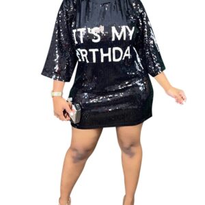 Fawjsais Womens Sequin T Shirt Dress Round Neck 3/4 Sleeve Jersey Dresses Sexy Letter Print Glitter Outfit Black S