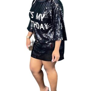 Fawjsais Womens Sequin T Shirt Dress Round Neck 3/4 Sleeve Jersey Dresses Sexy Letter Print Glitter Outfit Black S