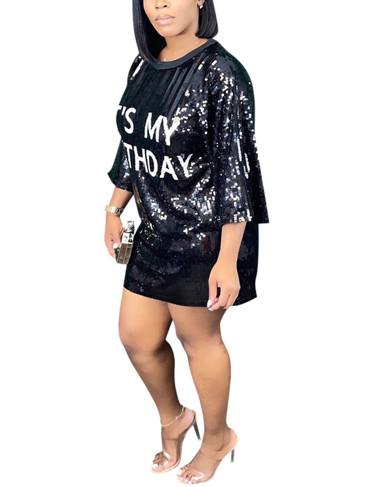 Fawjsais Womens Sequin T Shirt Dress Round Neck 3/4 Sleeve Jersey Dresses Sexy Letter Print Glitter Outfit Black S