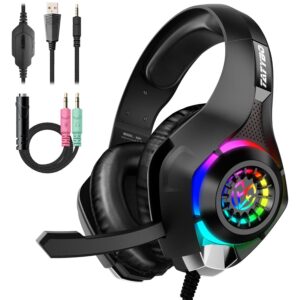 tatybo gaming headset for ps4 ps5 switch xbox one pc with rgb light, noise canceling mic, surround sound gaming headphones