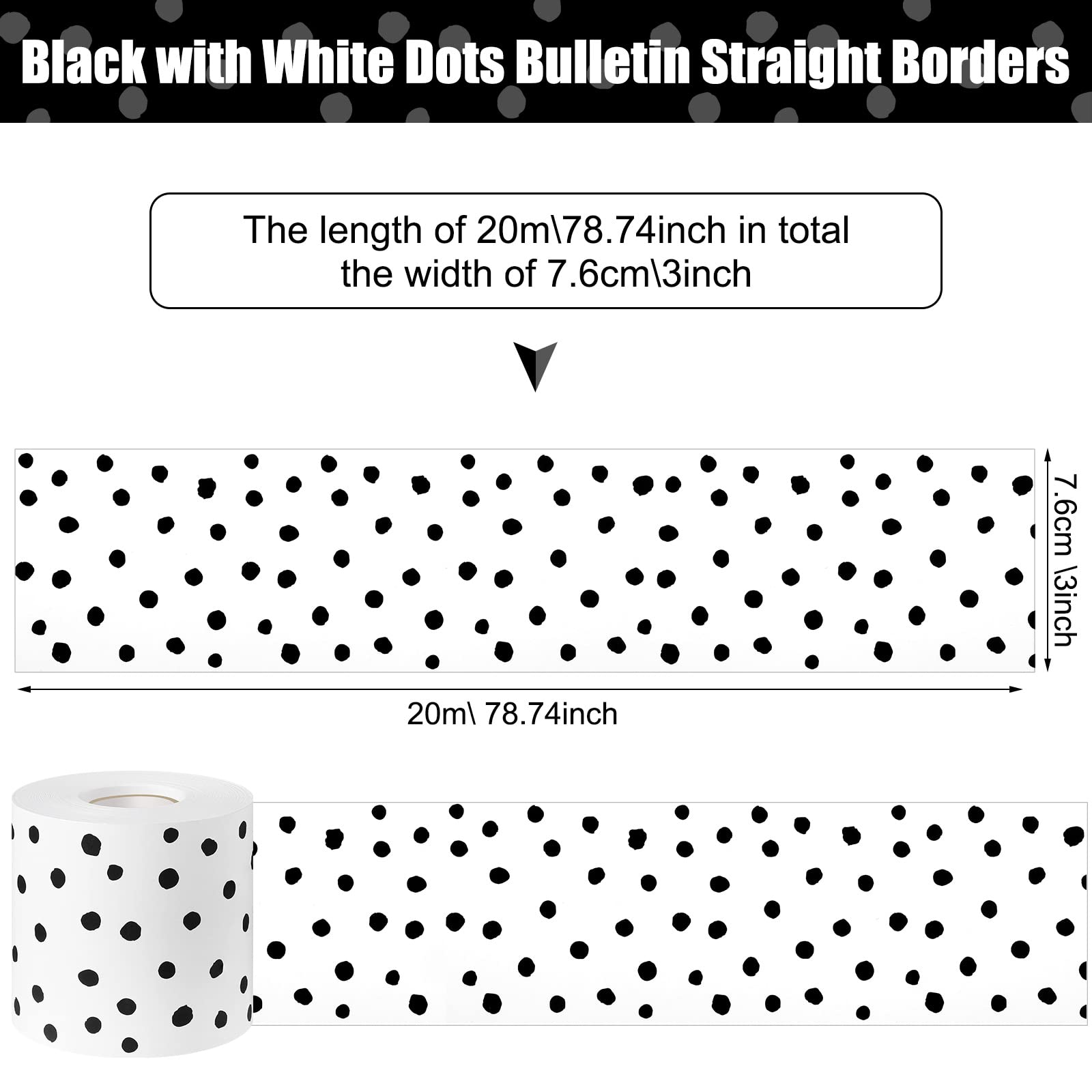 Zonon 65 Feet Bulletin Board Borders Black and White Polka Dots Striped Grid Borders Decorative Straight Wavy Rolled Border Trim Borders Classroom Back to School Decor(Black Painted Dots)