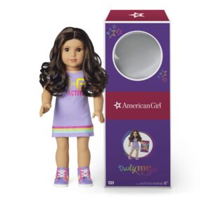 american girl truly me 18-inch doll #121 with brown eyes, dark-brown hair, lt-to-med skin, t-shirt dress, for ages 6+