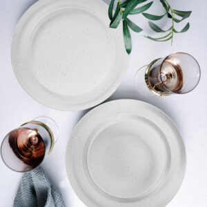 Melamine Dinnerware Set - 12 pcs Melamine Plates Indoor and Outdoor use Matte White SPECKLED DESIGN Plates and Bowls Dinnerware Sets Summer Fall Camping Dish Set for 4 Dishwasher Safe