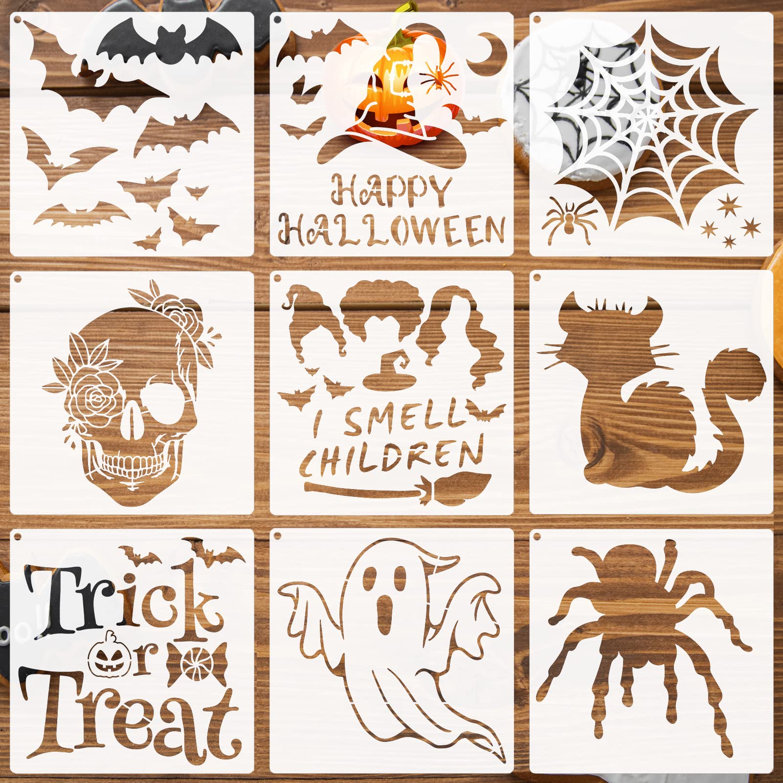 Halloween Stencils for Painting on Wood Walls Crafts Canvas, Reusable Happy Halloween/Trick or Treat/Spider Web/Skull/Bats/Cat/Ghost Painting Stencils for Halloween Decorations