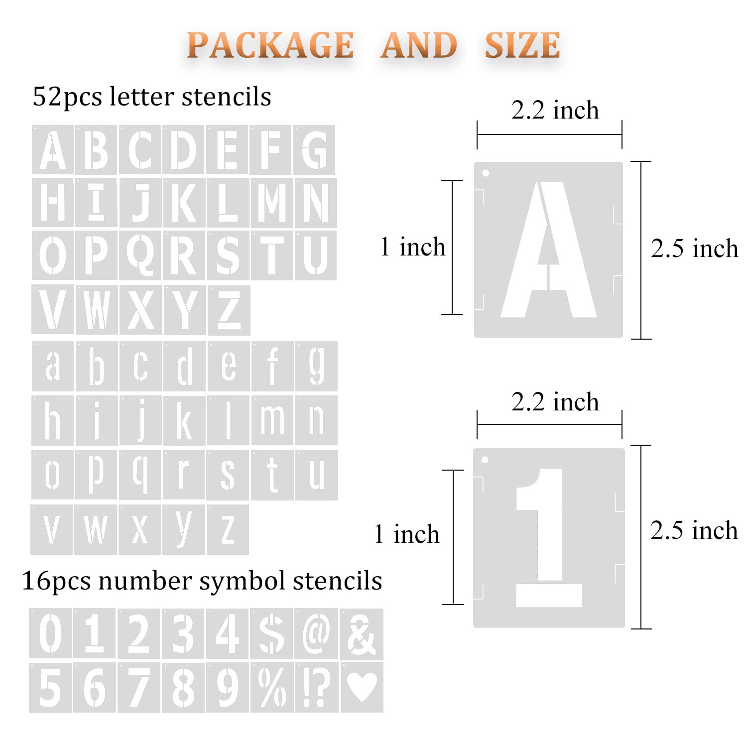 1 Inch Letter Stencils Symbol Numbers Stencil, 68 Pcs Reusable Alphabet Art Craft Templates Interlocking Stencils Kit for Painting on Wood, Wall, Glass, Fabric, Rock, Canvas, Chalkboard, Sign（1Inch）