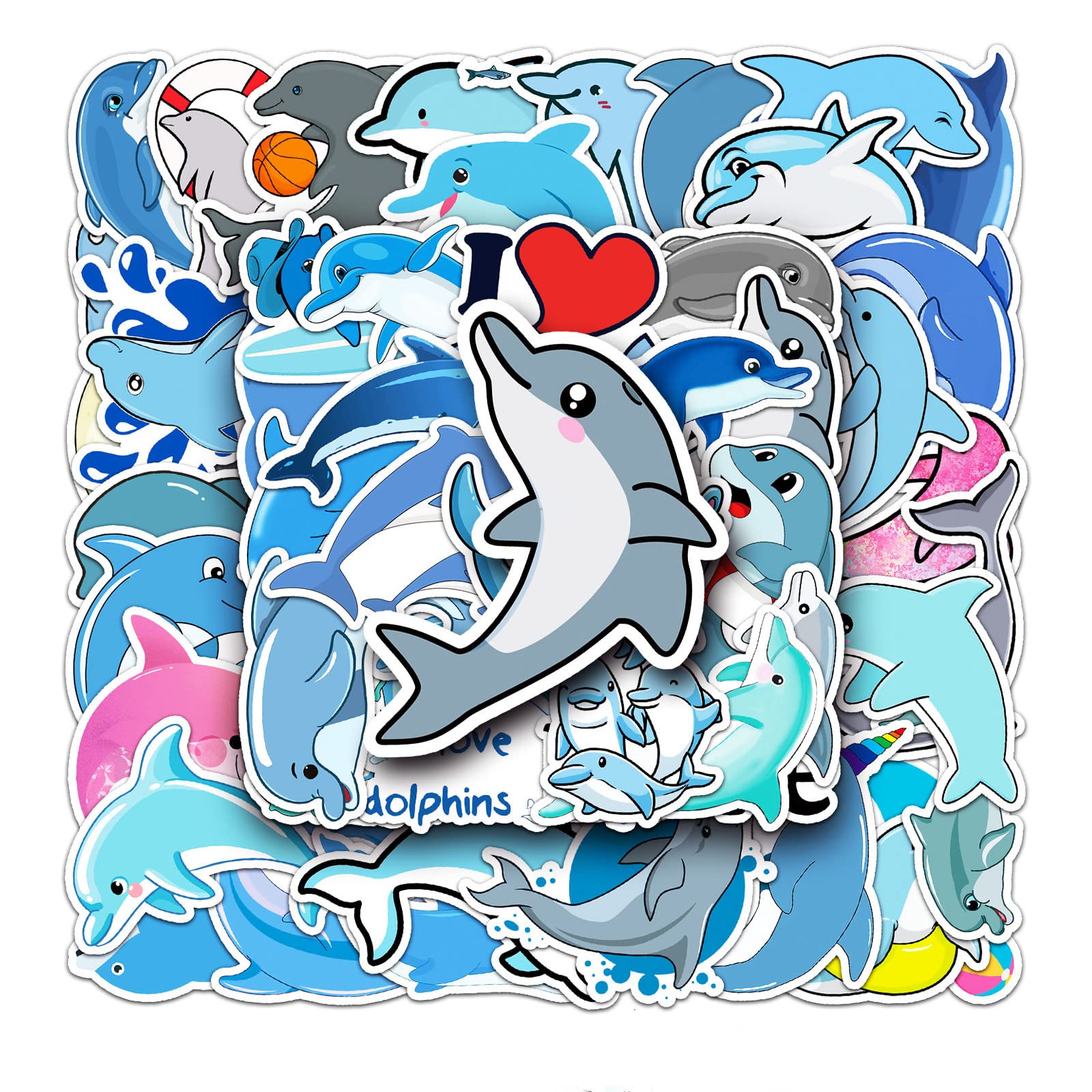 50Pcs Cute Dolphin Stickers,Ocean Whale Animal Waterproof Stickers for Laptop,Bumper,Skateboard,Water Bottles,Phone,Vinyl Stickers for Kids Teens (Dolphins)