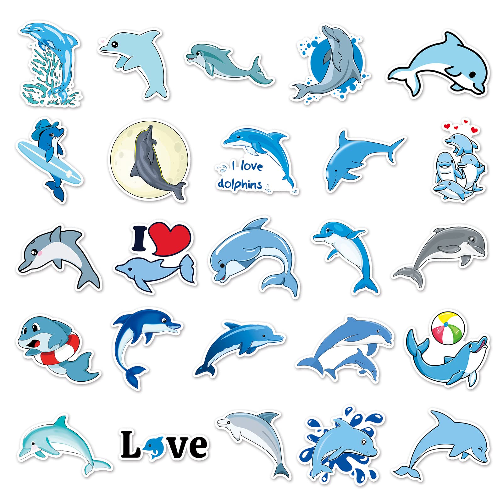 50Pcs Cute Dolphin Stickers,Ocean Whale Animal Waterproof Stickers for Laptop,Bumper,Skateboard,Water Bottles,Phone,Vinyl Stickers for Kids Teens (Dolphins)