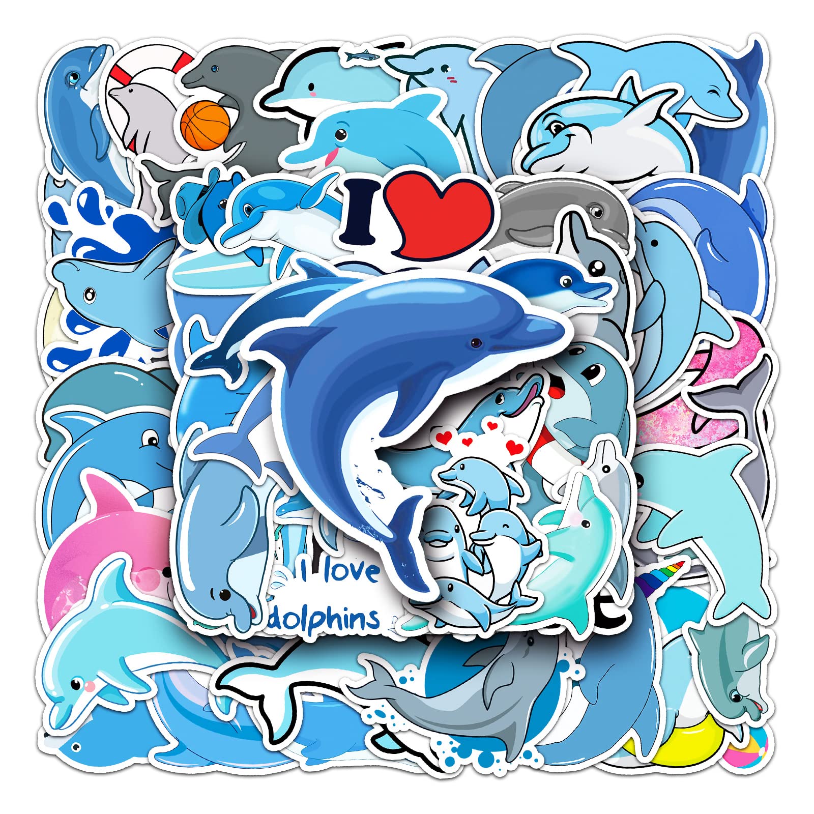 50Pcs Cute Dolphin Stickers,Ocean Whale Animal Waterproof Stickers for Laptop,Bumper,Skateboard,Water Bottles,Phone,Vinyl Stickers for Kids Teens (Dolphins)