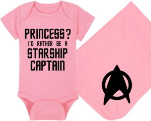 trekkie baby onesie and blanket - princess? i'd rather be a starship captain - starfleet insignia (3-6 month - pink fabric - black design)