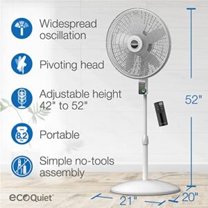 Lasko EcoQuiet Oscillating Pedestal Fan with Whisper Quiet DC Motor, 12 Speeds, 8 Hour Timer, Adjustable Height, Remote Control, White, S18705, Large