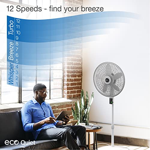 Lasko EcoQuiet Oscillating Pedestal Fan with Whisper Quiet DC Motor, 12 Speeds, 8 Hour Timer, Adjustable Height, Remote Control, White, S18705, Large