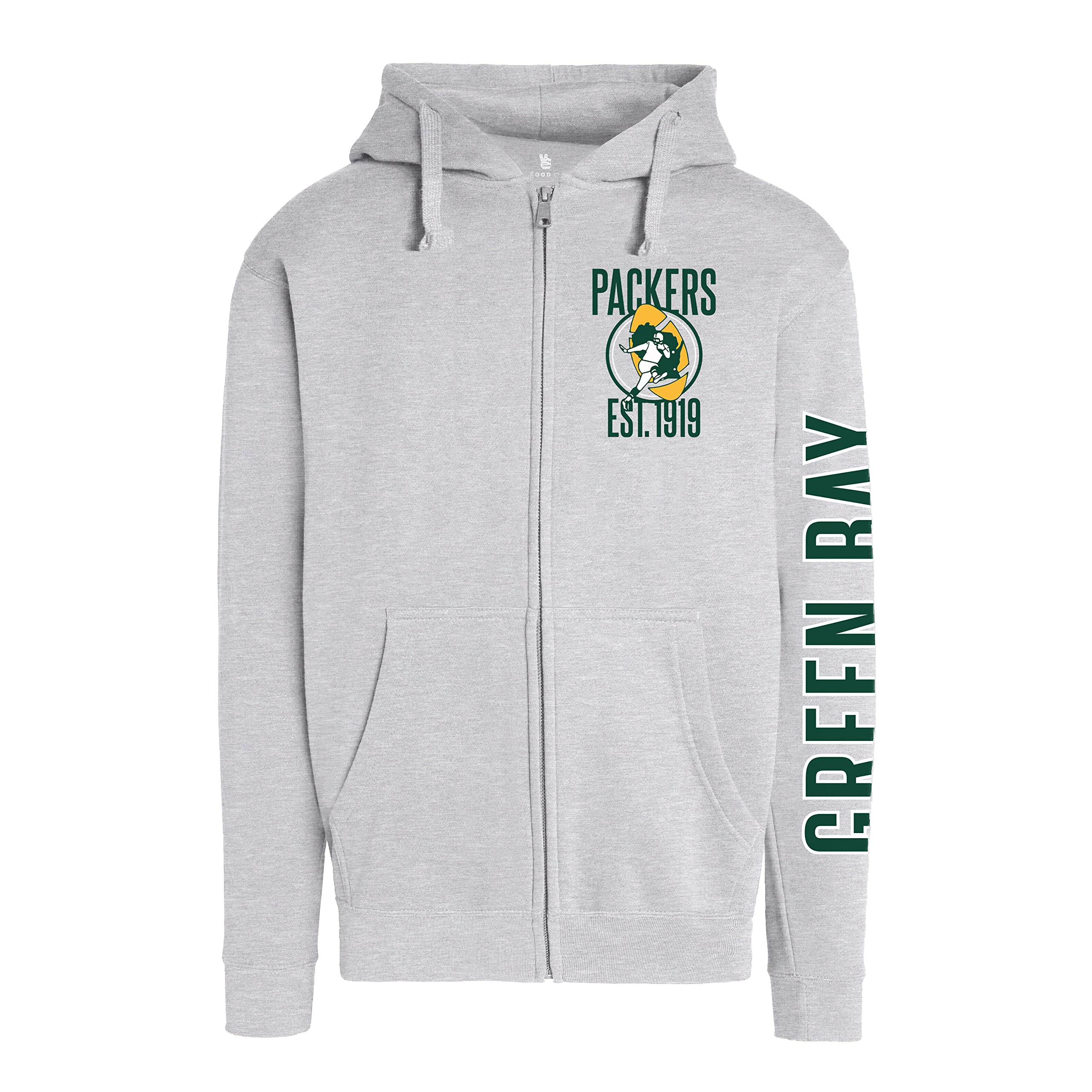 Junk Food Standard Soft Full Zip Hooded Fleece, Unisex Fit, Green Bay Packers-Athletic Heather, Large, Grey