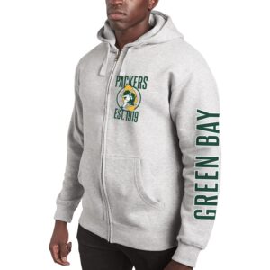 Junk Food Standard Soft Full Zip Hooded Fleece, Unisex Fit, Green Bay Packers-Athletic Heather, Large, Grey