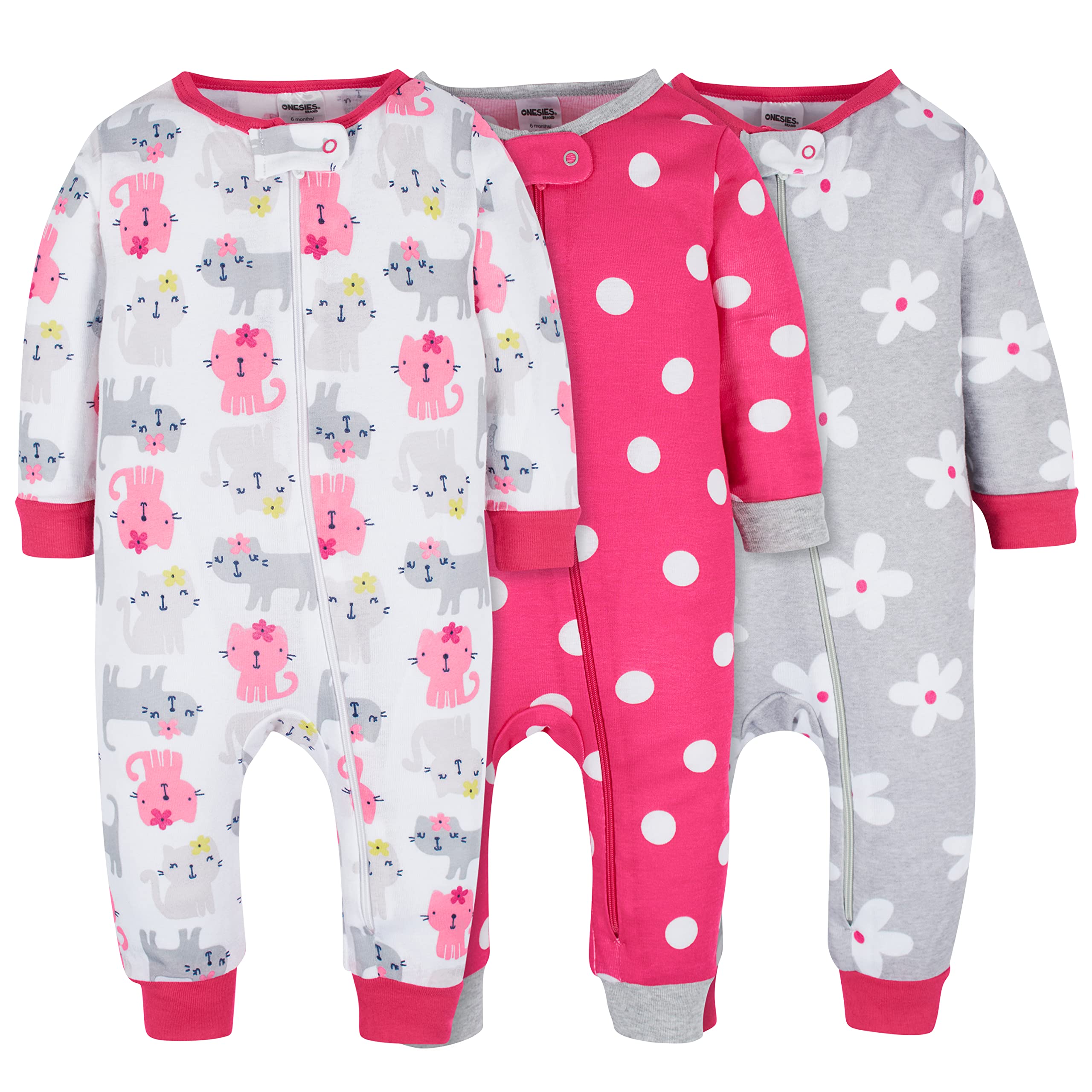 Onesies Brand Baby Girl's 3-Pack Snug Fit One-Piece Cotton Pajamas, Dots & Kitties, 6 Months