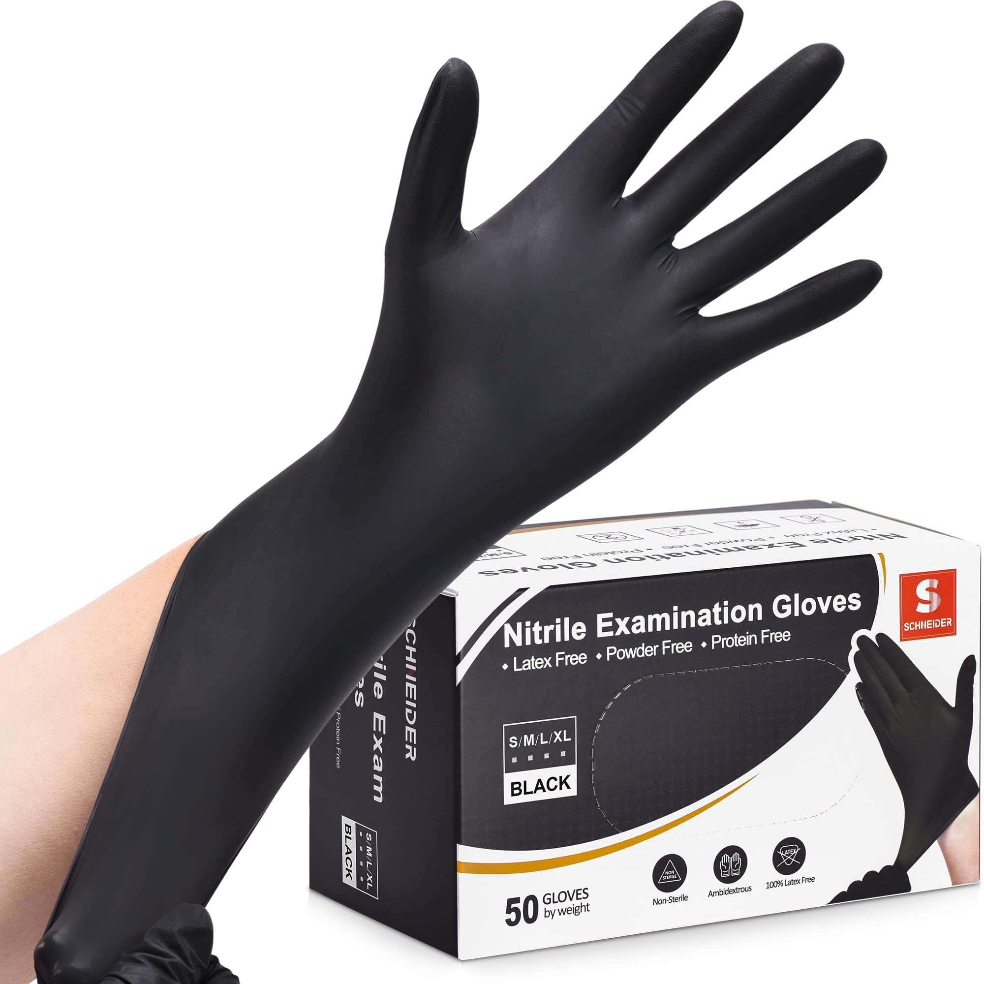 Schneider Nitrile Exam Gloves, Black, Large, 50-ct Box, 4-mil, Latex-Free, Powder-Free, Food-Safe (NBFK7113)