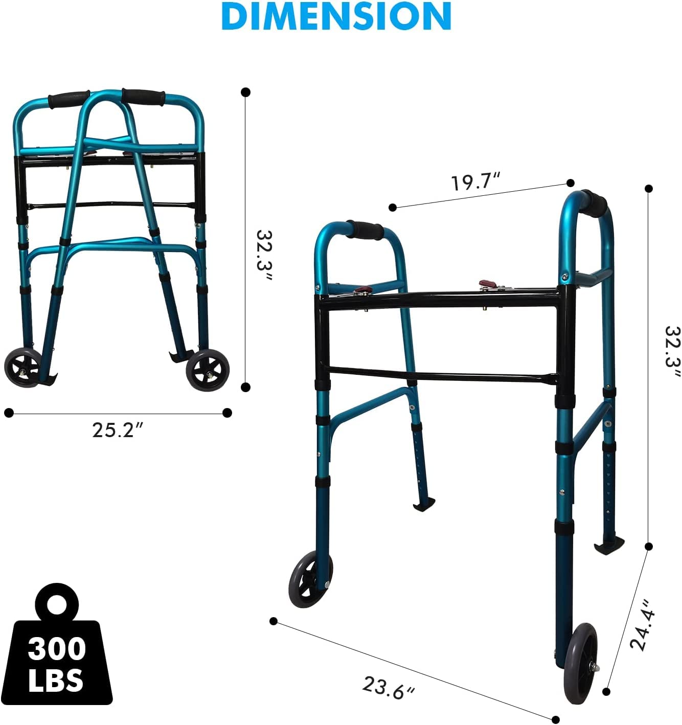 UNLICON- Mobility Heavy Duty Folding Walker for Seniors，Bariatric Walker with 5 Inches Wheels for Seniors Wide Walker Supports up to 300 lbs