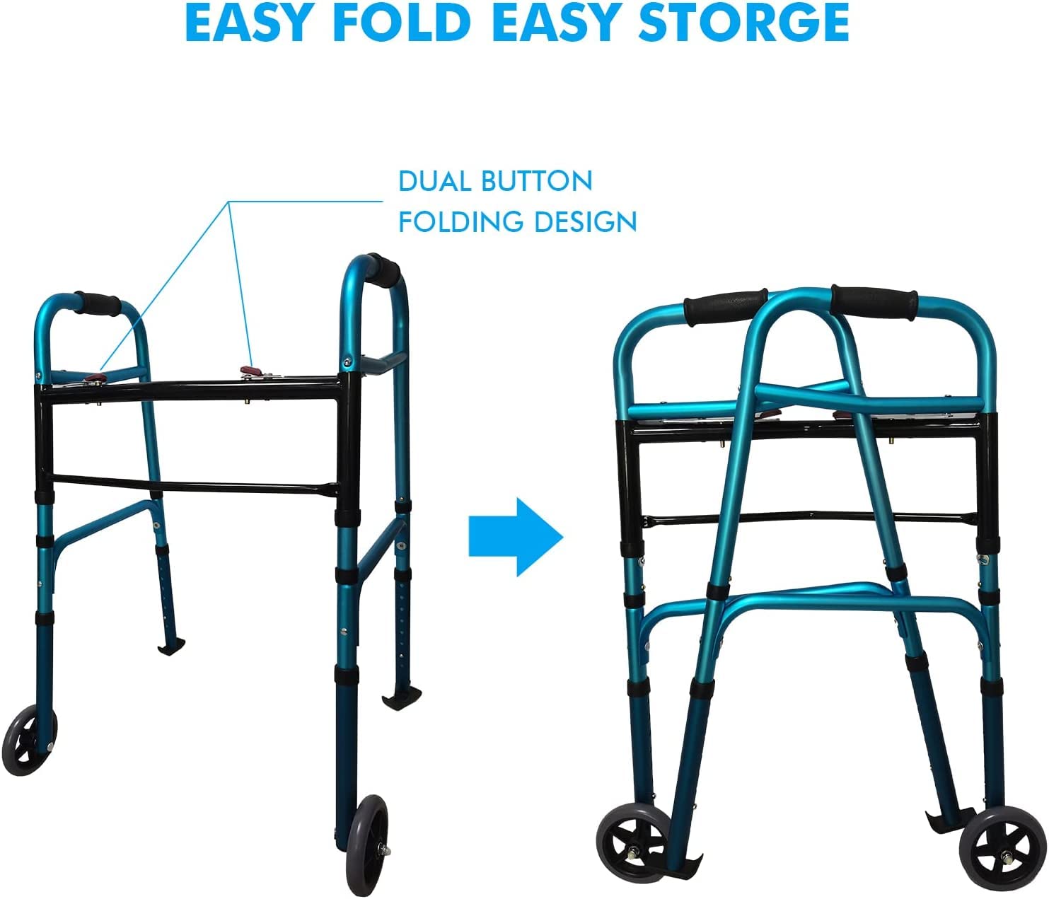 UNLICON- Mobility Heavy Duty Folding Walker for Seniors，Bariatric Walker with 5 Inches Wheels for Seniors Wide Walker Supports up to 300 lbs