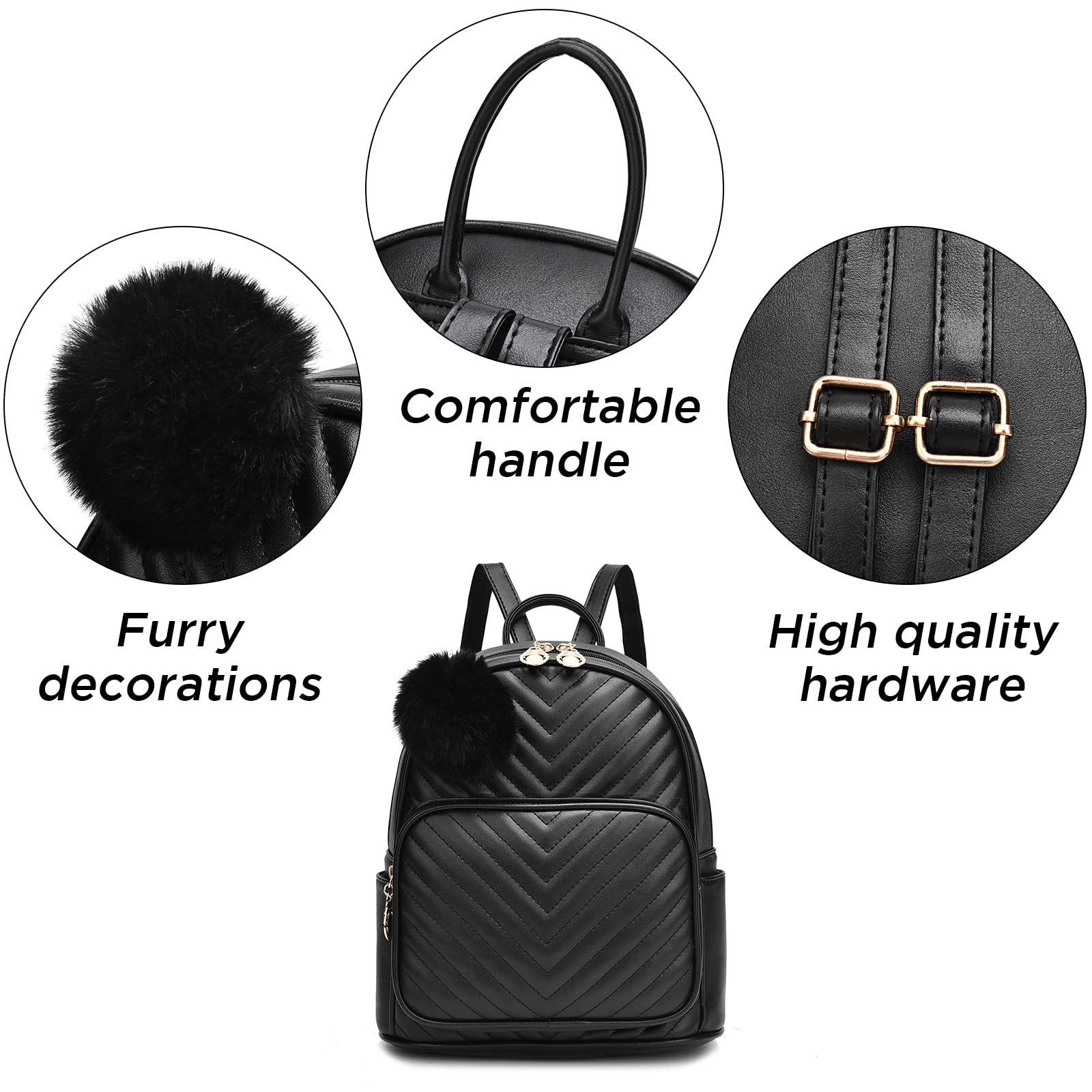 I IHAYNER Mini Backpack for Women 3-PCS Leather Backpack Purse Small Backpacks for Women Ladies Pompom Backpack Shoulder Bag Black