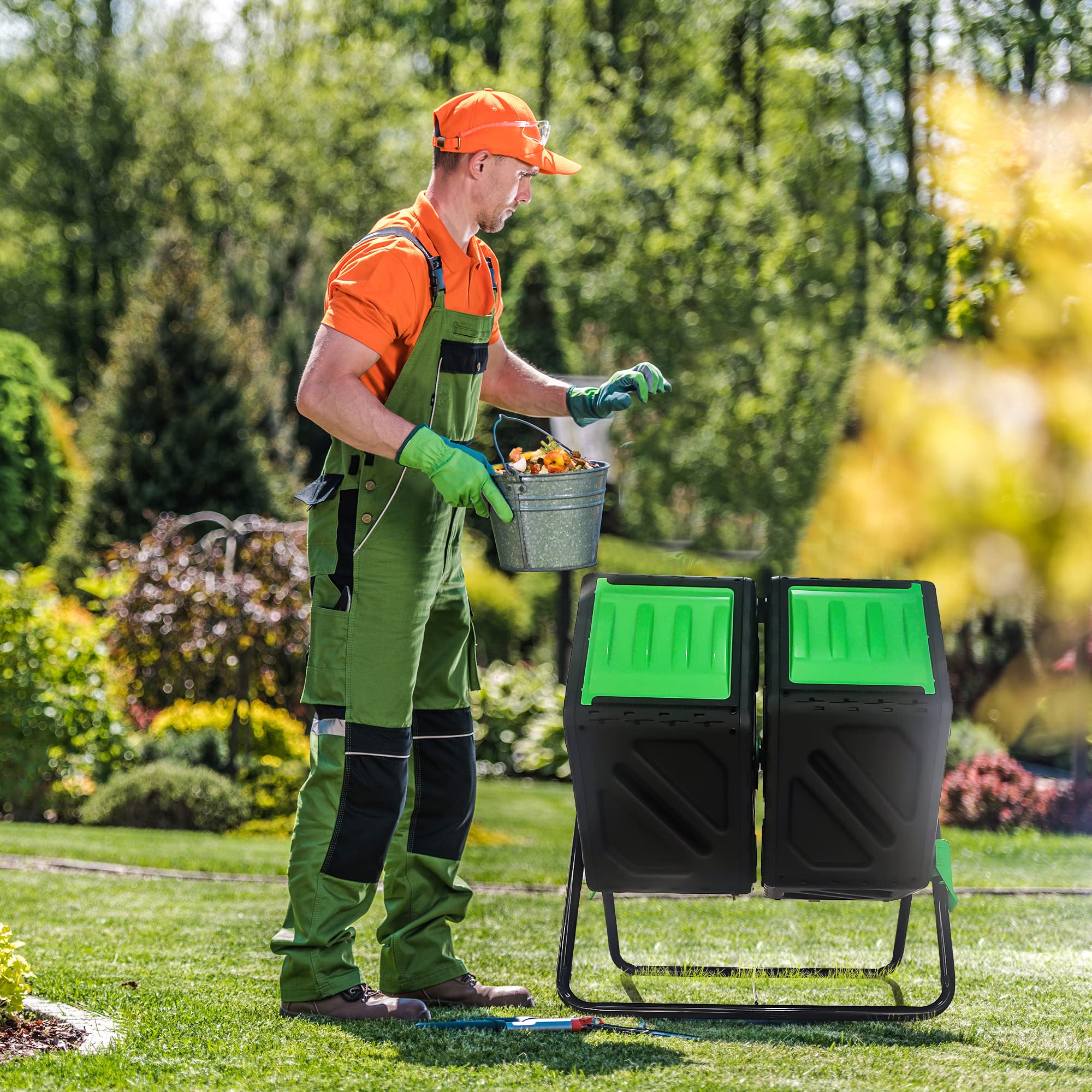 YITAHOME Large Outdoor Dual Chamber Compost Bin, 37 Gallon Rotating Composter Tumbling with 2 Sliding Doors and Aeration System, Garden Compost Tumbler, BPA Free (2x18.5 Gallon,Green)