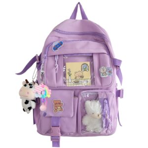 stylifeo kawaii backpack with cute bear plush kawaii pin accessories large capacity aesthetic school bags cute bookbag for girls teen(purple)