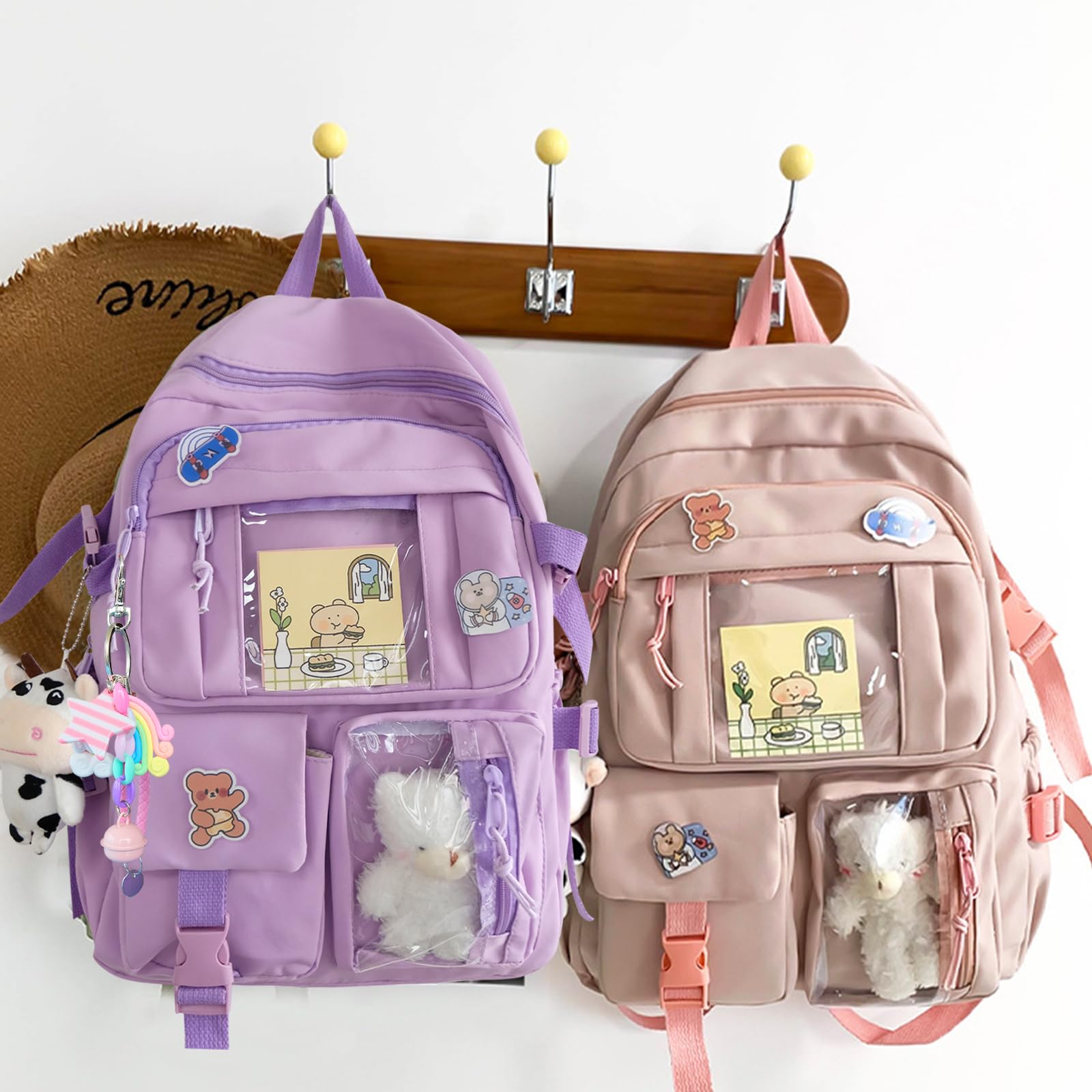 Stylifeo Kawaii Backpack with Cute Bear Plush Kawaii Pin Accessories Large Capacity Aesthetic School Bags Cute Bookbag for Girls Teen(Purple)