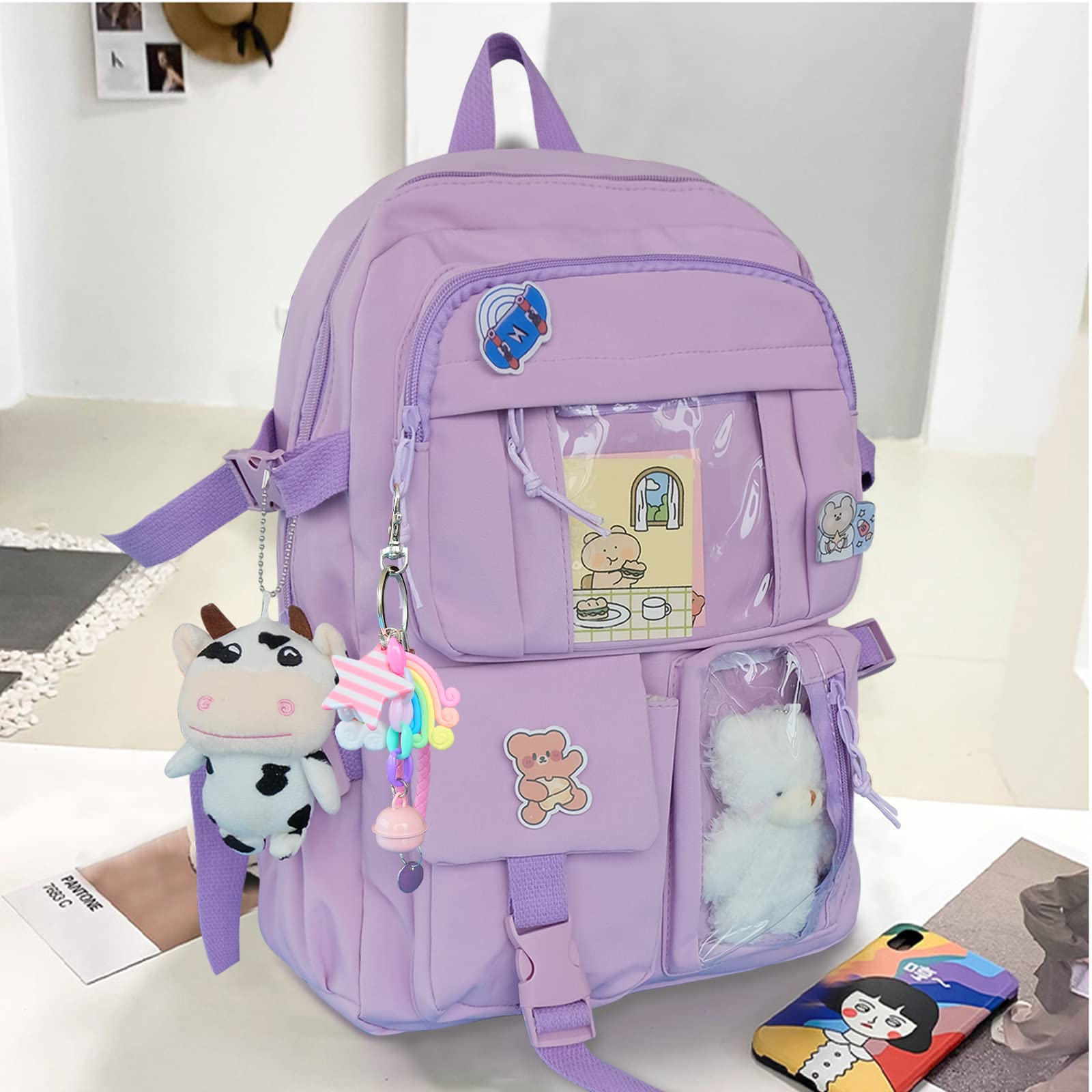 Stylifeo Kawaii Backpack with Cute Bear Plush Kawaii Pin Accessories Large Capacity Aesthetic School Bags Cute Bookbag for Girls Teen(Purple)