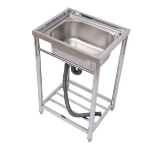 free standing stainless-steel single bowl commercial restaurant kitchen sink set w/drainboard, prep & utility washing hand basin w/storage shelves indoor outdoor