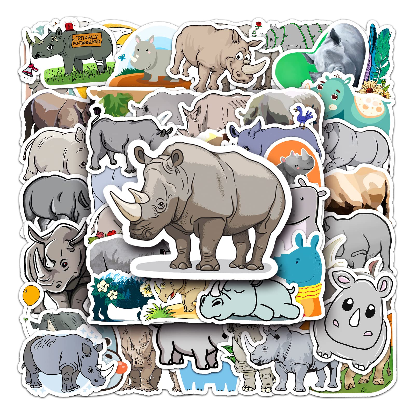 Cute Rhino Stickers,Cartoon 50 PCS Funny Rhinoceros Animal Vinyl Stickers,Laptops Water Bottles Computer Skateboard Journal Sticker Decals for Kids Teens Girls