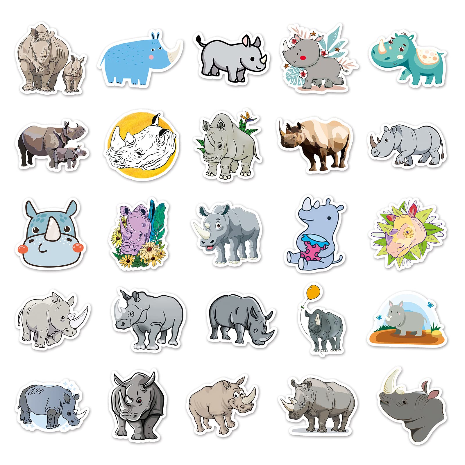 Cute Rhino Stickers,Cartoon 50 PCS Funny Rhinoceros Animal Vinyl Stickers,Laptops Water Bottles Computer Skateboard Journal Sticker Decals for Kids Teens Girls