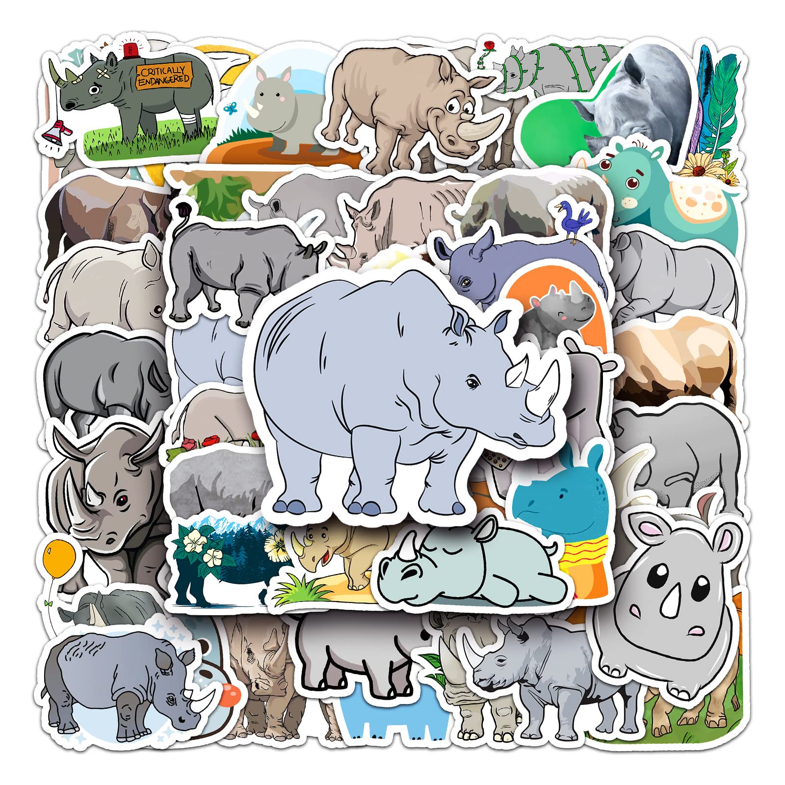 Cute Rhino Stickers,Cartoon 50 PCS Funny Rhinoceros Animal Vinyl Stickers,Laptops Water Bottles Computer Skateboard Journal Sticker Decals for Kids Teens Girls