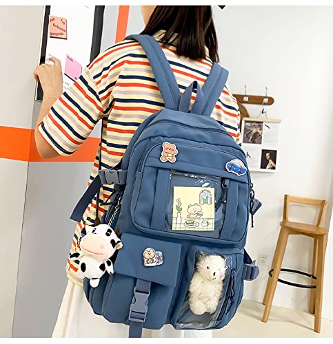 Stylifeo Kawaii Backpack with Cute Bear Plush Kawaii Pin Accessories Large Capacity Aesthetic School Bags Cute Bookbag for Girls Teen(Blue)