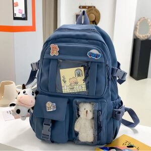 Stylifeo Kawaii Backpack with Cute Bear Plush Kawaii Pin Accessories Large Capacity Aesthetic School Bags Cute Bookbag for Girls Teen(Blue)