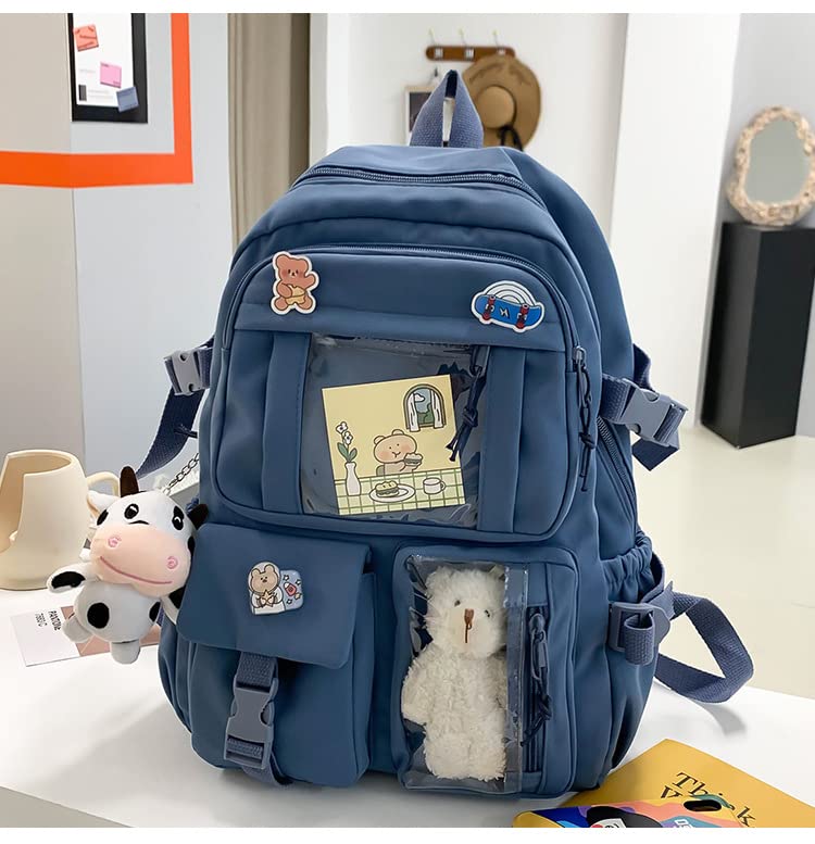 Stylifeo Kawaii Backpack with Cute Bear Plush Kawaii Pin Accessories Large Capacity Aesthetic School Bags Cute Bookbag for Girls Teen(Blue)