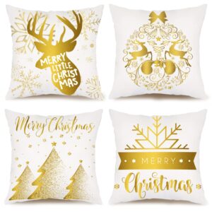 4 pack christmas decorations gold white pillow covers 18x18 inch soft velvet christmas throw pillow covers with christmas tree reindeer snowflakes gold pillowcase for christmas winter decorations