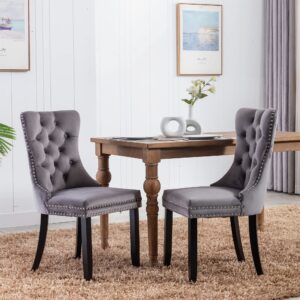 Virabit Tufted Dining Chairs Set of 4, Velvet Upholstered Dining Chairs with Nailhead Back and Ring Pull Trim, Solid Wood Dining Chairs for Kitchen/Bedroom/Dining Room (Grey)