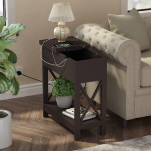 choochoo end table with charging station, narrow flip top side table with usb ports & power outlets for small spaces, bedside table with storage, nightstand sofa table living room, bedroom espresso