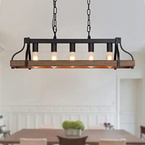 MEIXISUE Rustic Kitchen Island Dining Room Light Fixture Farmhouse Linear Chandelier Black and Retro Wood Finish 5-Light Industrial Metal Hanging Pendant Light UL Listed L33.5 W10.6