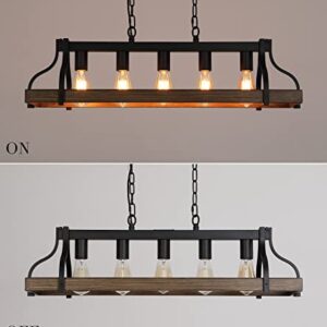 MEIXISUE Rustic Kitchen Island Dining Room Light Fixture Farmhouse Linear Chandelier Black and Retro Wood Finish 5-Light Industrial Metal Hanging Pendant Light UL Listed L33.5 W10.6