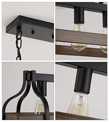 MEIXISUE Rustic Kitchen Island Dining Room Light Fixture Farmhouse Linear Chandelier Black and Retro Wood Finish 5-Light Industrial Metal Hanging Pendant Light UL Listed L33.5 W10.6