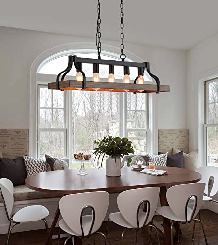 MEIXISUE Rustic Kitchen Island Dining Room Light Fixture Farmhouse Linear Chandelier Black and Retro Wood Finish 5-Light Industrial Metal Hanging Pendant Light UL Listed L33.5 W10.6