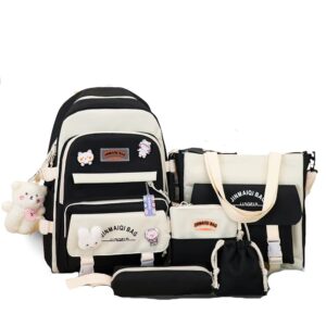 laureltree kawaii aesthetic cute 5pcs school bags set with accessories school suppliers for teens girls backpack tote bag (black)