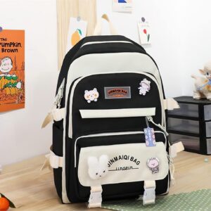 LaurelTree Kawaii Aesthetic Cute 5pcs School Bags Set with Accessories School Suppliers for Teens Girls Backpack Tote Bag (Black)