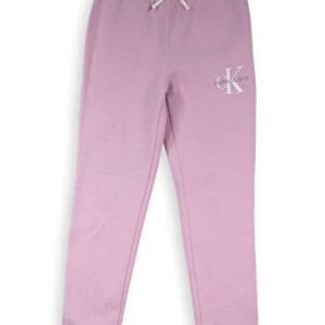 Calvin Klein Girls' Logo Sweatpants, Fleece Joggers with Ribbed Cuffs & Waistband, Honeysuckle, 16