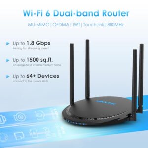 WAVLINK WiFi 6 Router,AX1800 Wireless Router, Dual Band Gigabit WiFi Internet up to 1,500 sq. ft and 64+ Devices, Router, TouchLink, Parental Control, QoS,for Home